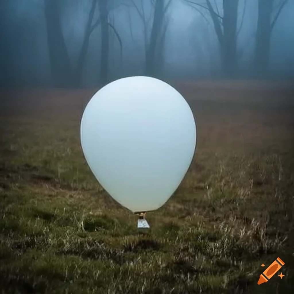 Giant white balloon bouncing in a foggy field on Craiyon