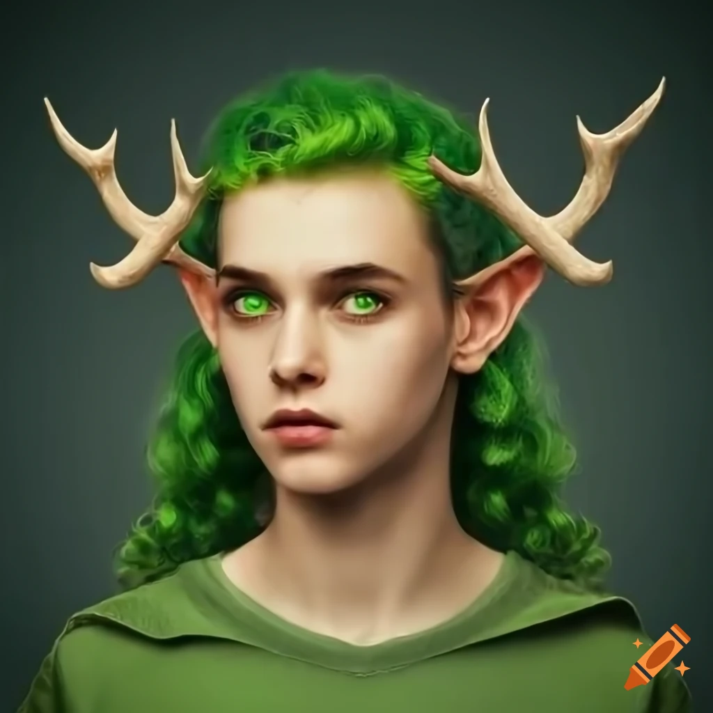 Young man with green skin, antlers, and elf features in front of an ...