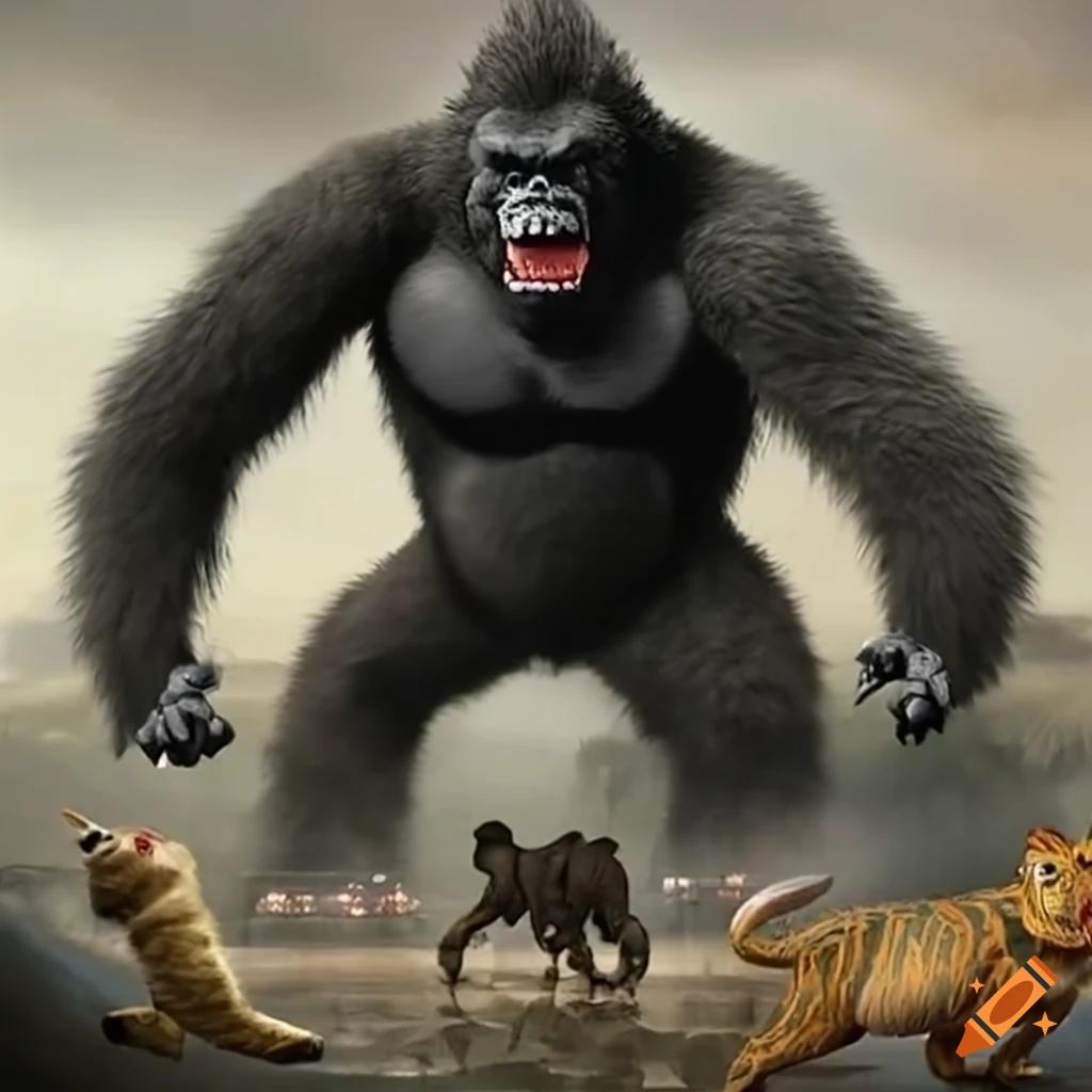 King kong battling a big cat in a fierce encounter on Craiyon