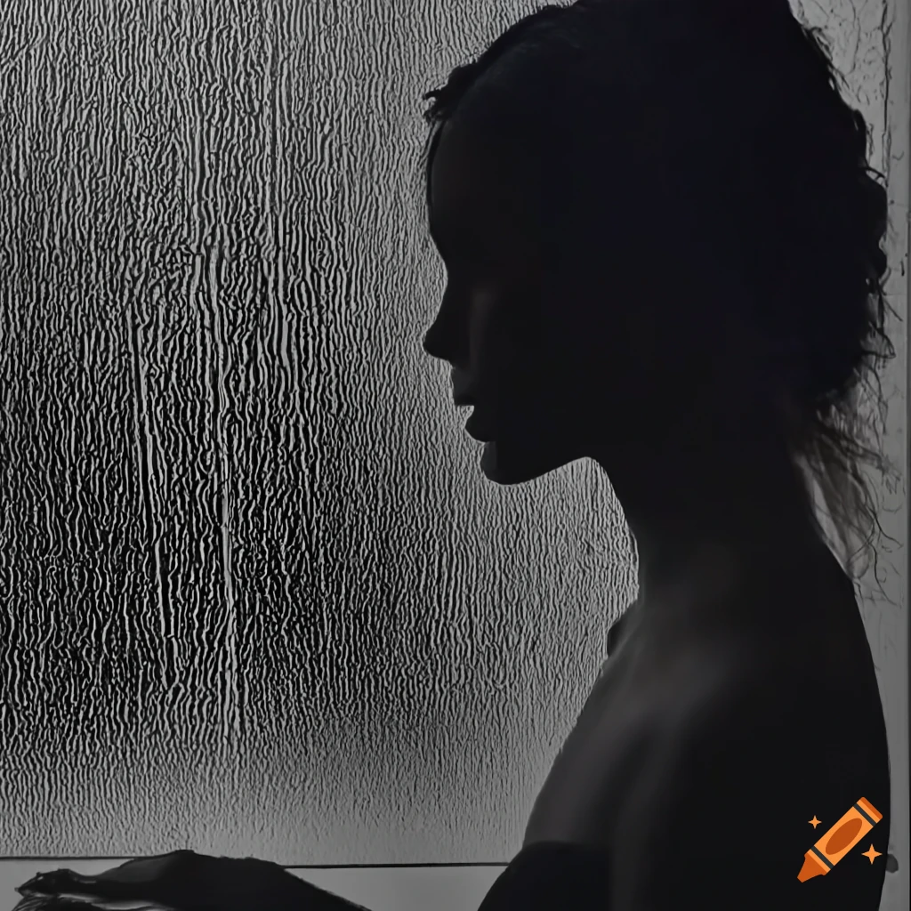 Silhouette of a woman looking out window with rain falling, long hair ...