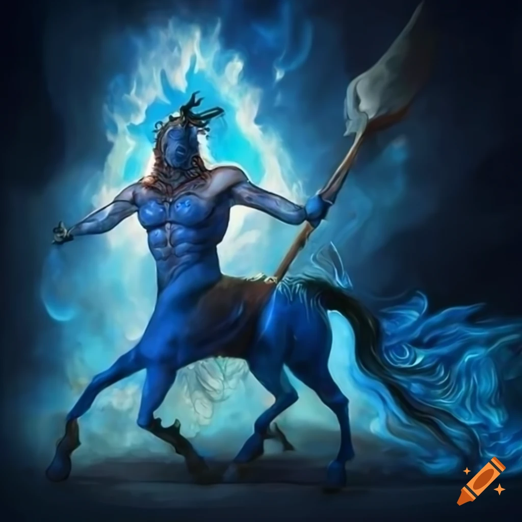Mythological centaur warrior riding a flaming blue horse on Craiyon