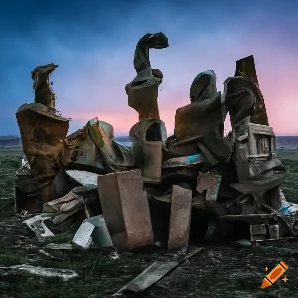 Destroyed statues in a post-apocalyptic landscape under soft colored ...