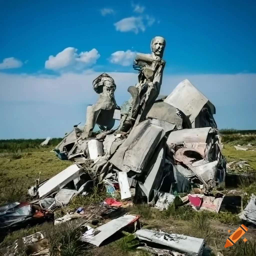 Destroyed statues in a post-apocalyptic landscape under soft colored ...