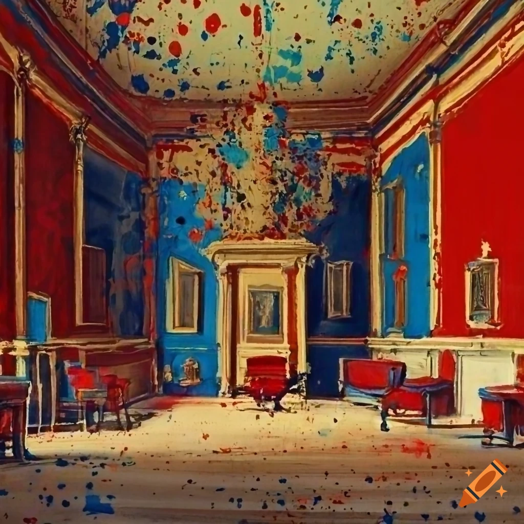 1800s french interior courthouse with a red and blue abstract design on ...