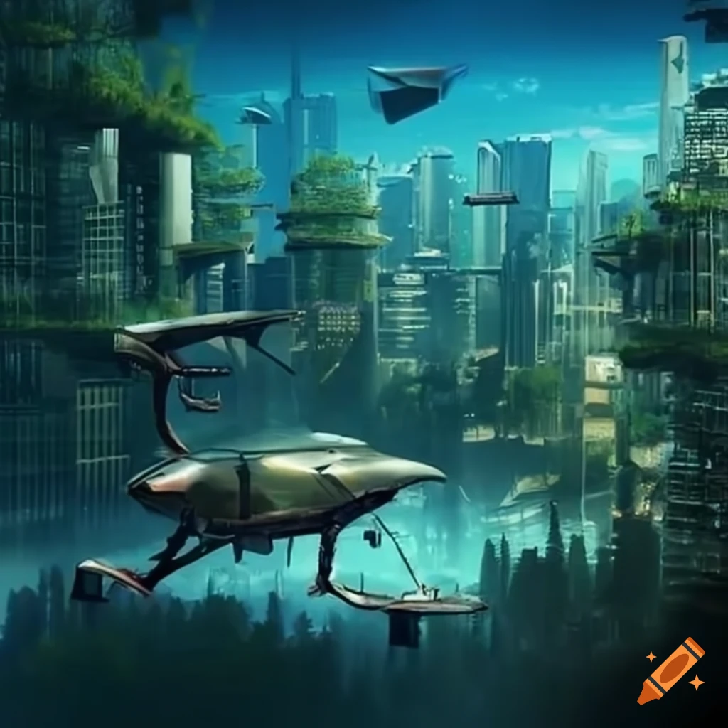Magical forest city with flying cars and robots on Craiyon