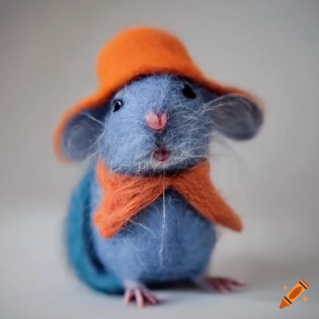 Felted wool blue rat wearing orange hat on Craiyon