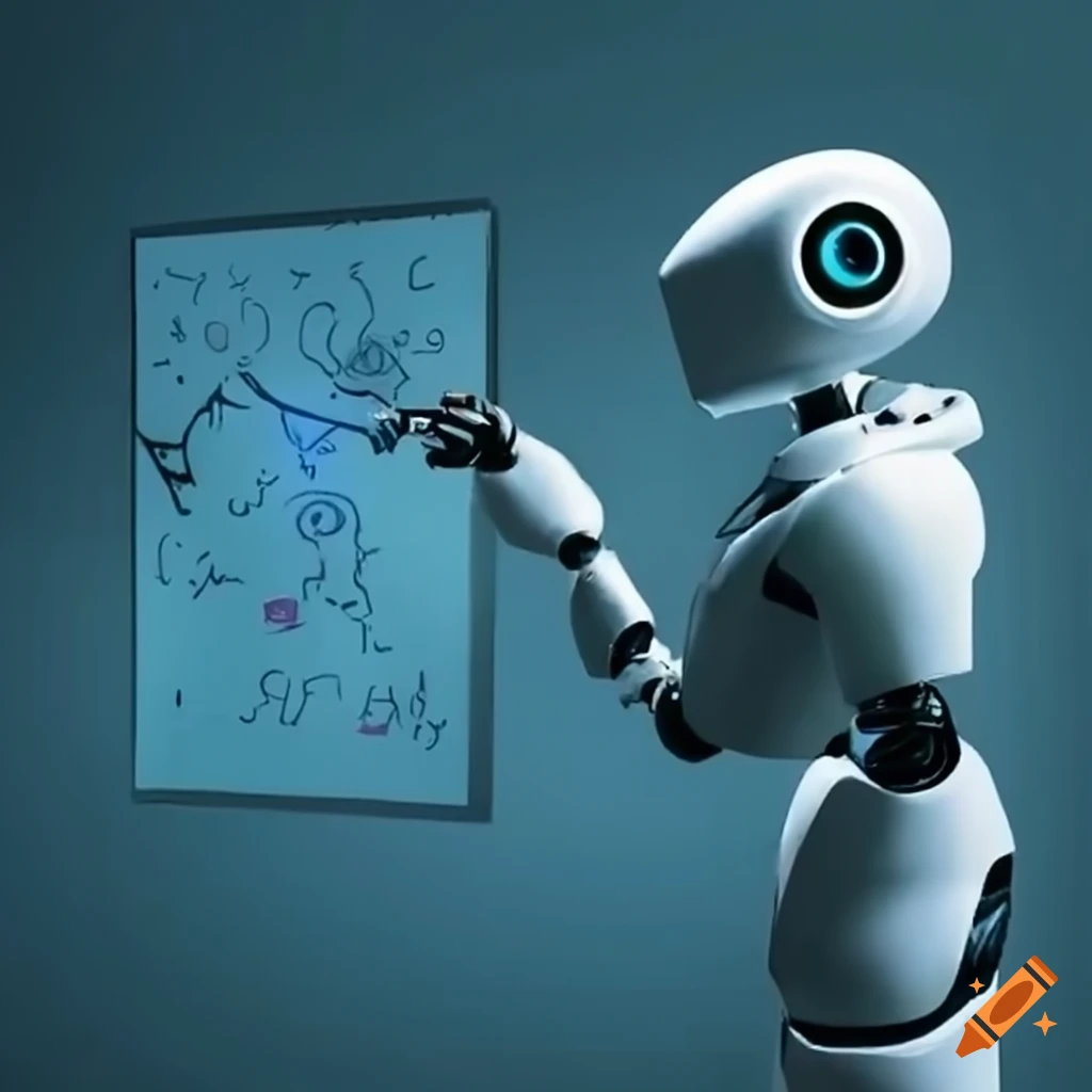 Robot and person collaborating at a whiteboard to solve a problem on Craiyon