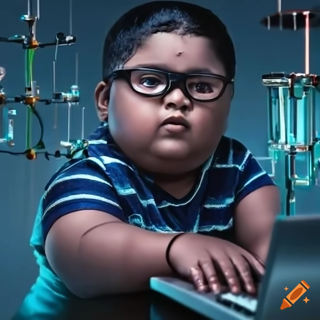 Indian kid with black glasses using a quantum computer on Craiyon