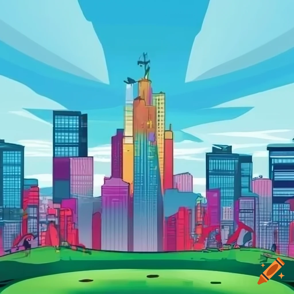 Colorful cartoon illustration of a marvel city with skyscrapers on Craiyon