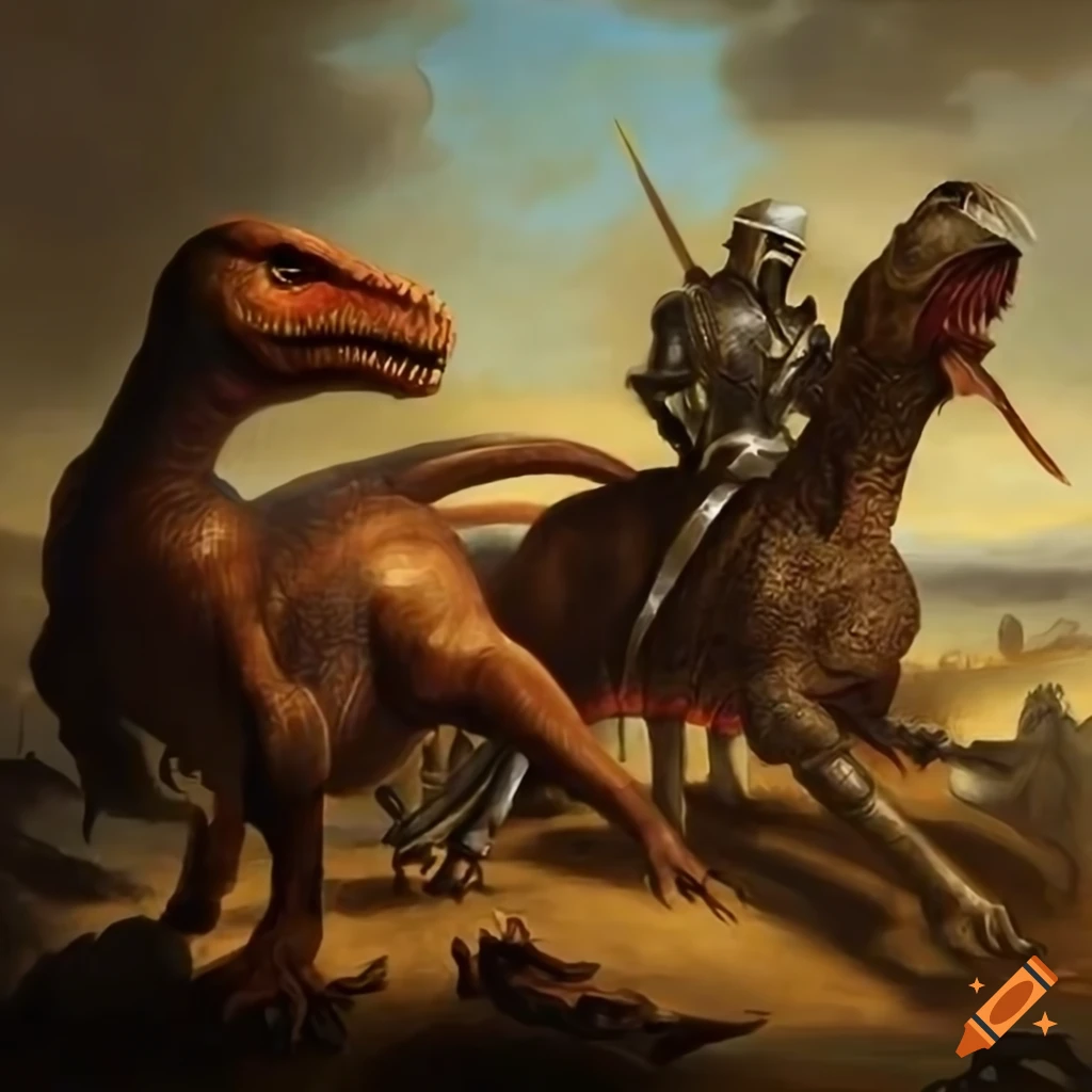 Renaissance style painting of knights battling dinosaurs on Craiyon