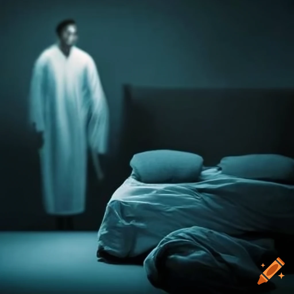 Male mid 20s depicted on a death bed with symbolic ghosts on Craiyon