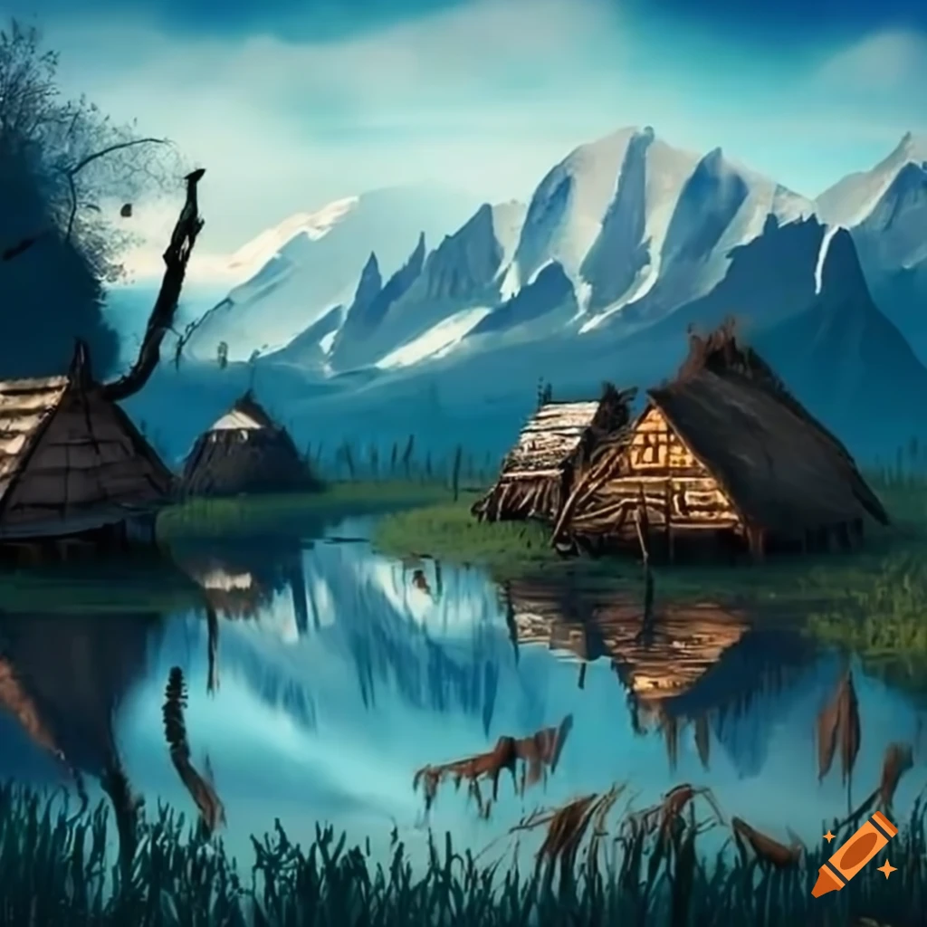 Tribal village in a swamp with snow mountains in the background on Craiyon