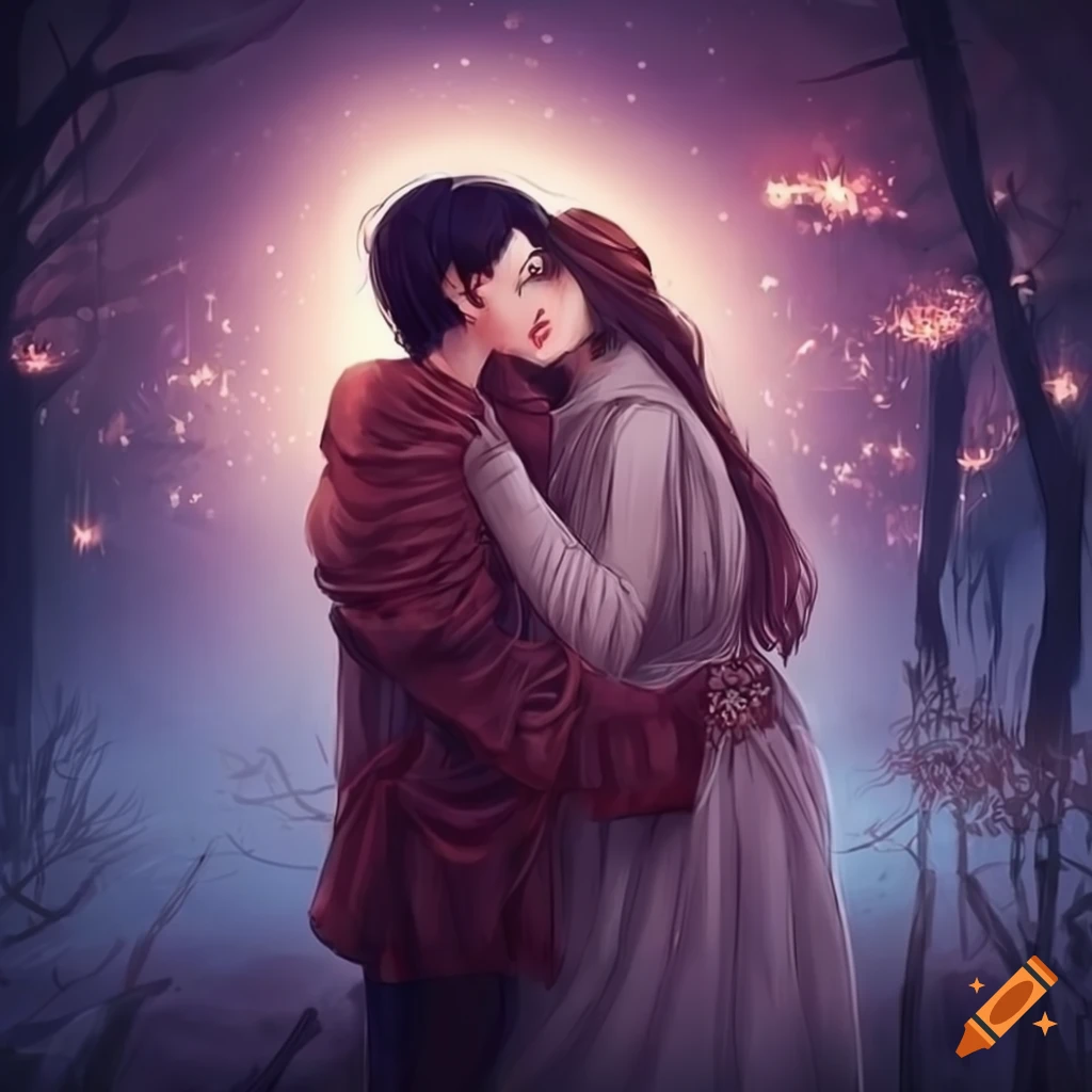 Fantasy depiction of a couple embracing in a warm and romantic setting ...