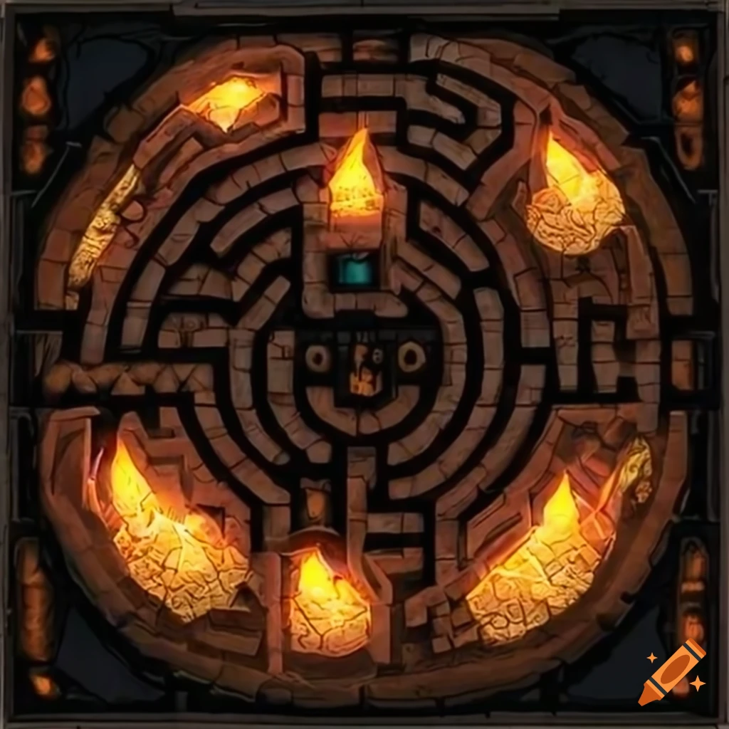 Detailed puzzle-filled dungeon labyrinth with torch illumination on Craiyon