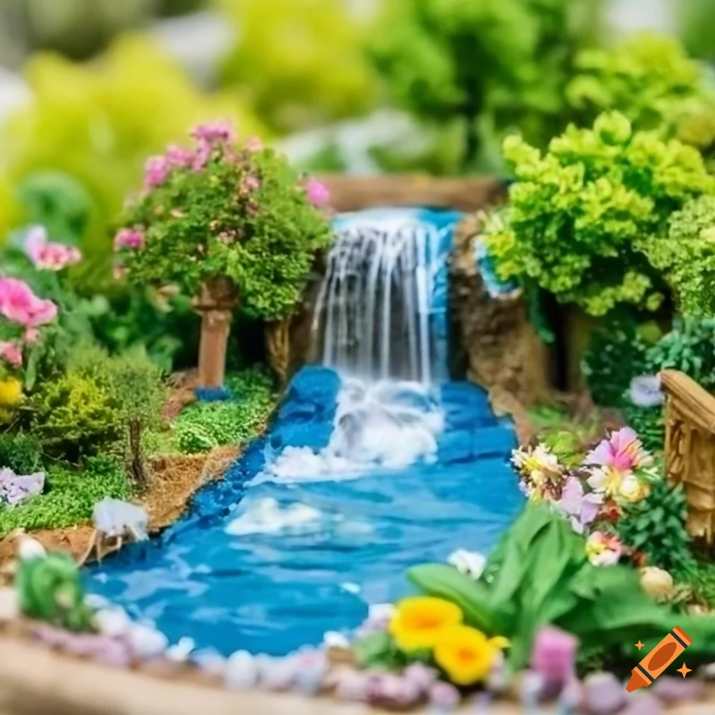 Diorama of a spring lake with trees, waterfall, and floating flowers on ...