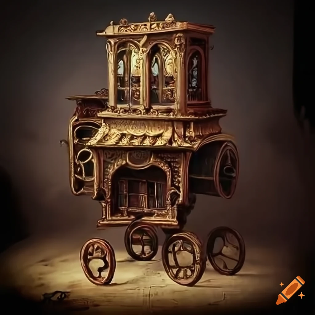 Eldritch-inspired victorian automaton with wheel legs on Craiyon