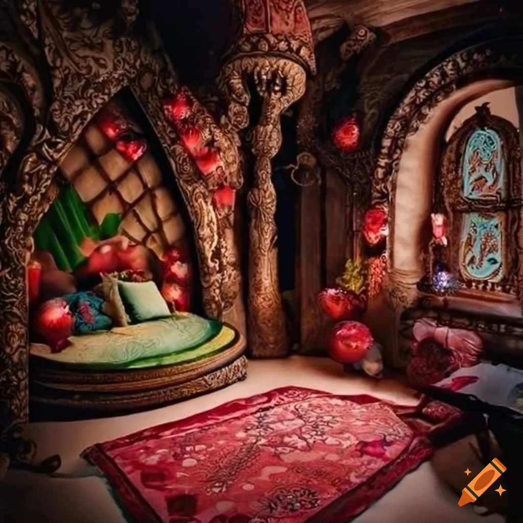 Magical elven bedroom with pomegranate-themed decor in a stone tower on ...