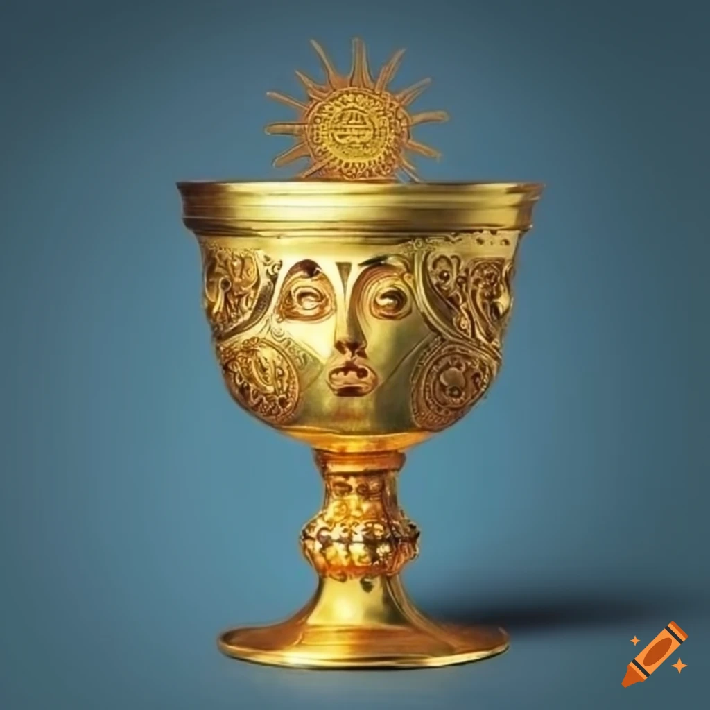 Golden chalice with rising sun on blue background and religious ...