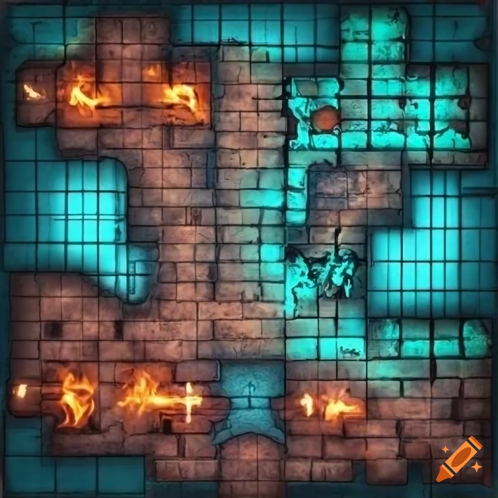 Dungeon map grid with puzzle statues and fire on Craiyon