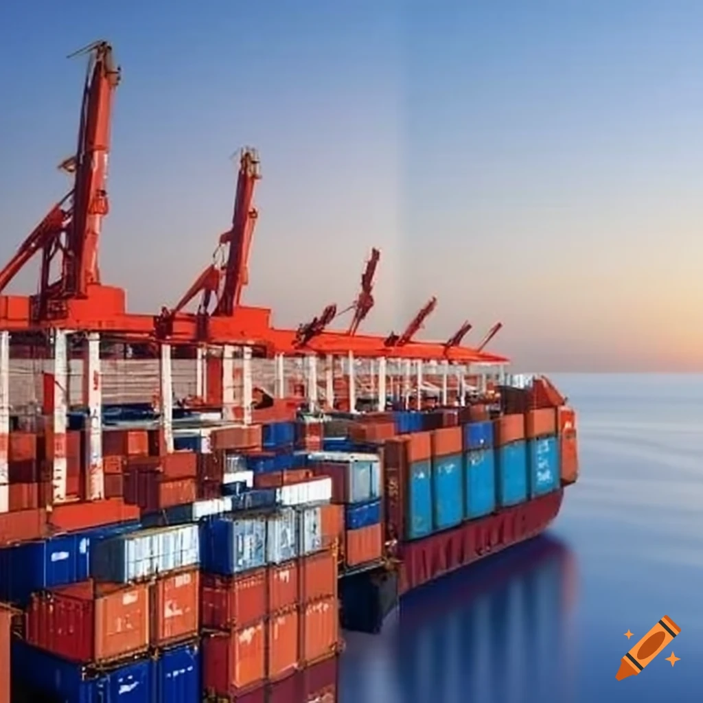 Ships, cranes, and trucks loading containers on Craiyon