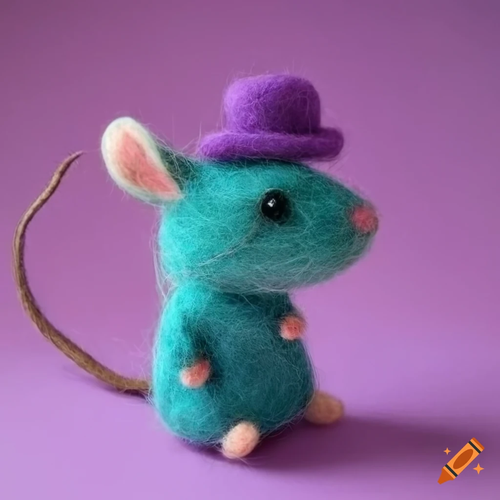 Teal rat with purple hat chibi side view in felted wool on Craiyon