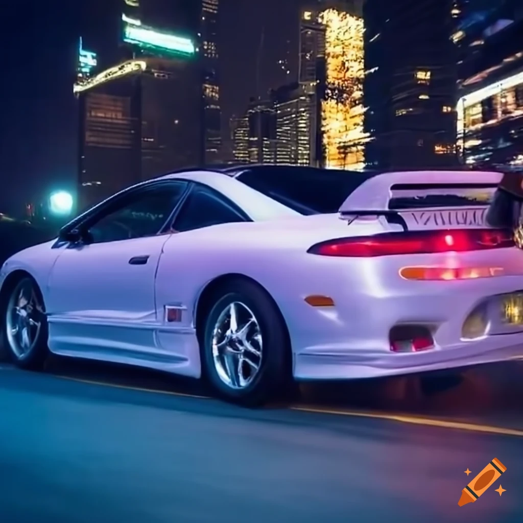 Neon mitsubishi eclipse racing in a city at night on Craiyon