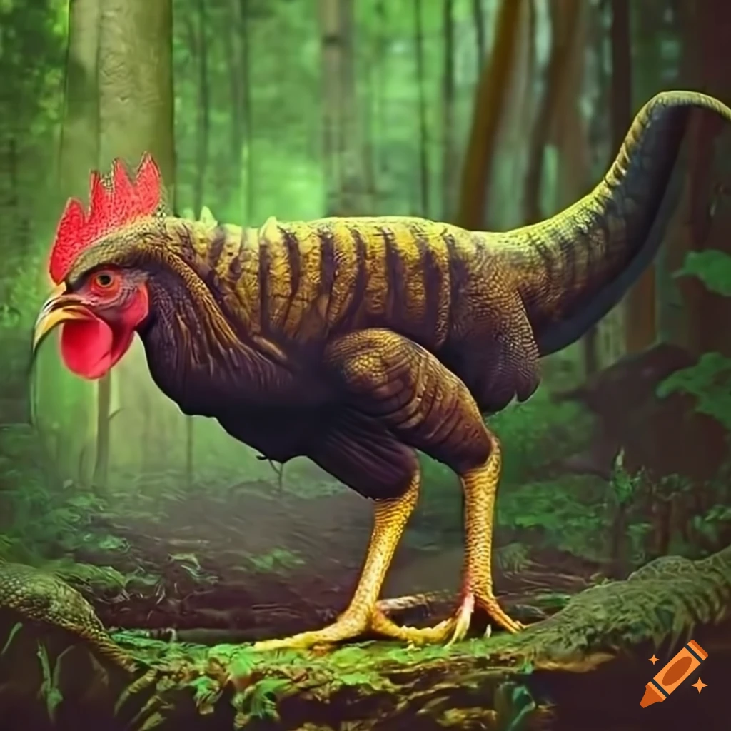 Chicken-T-rex hybrid blending into the forest with green feathers and ...