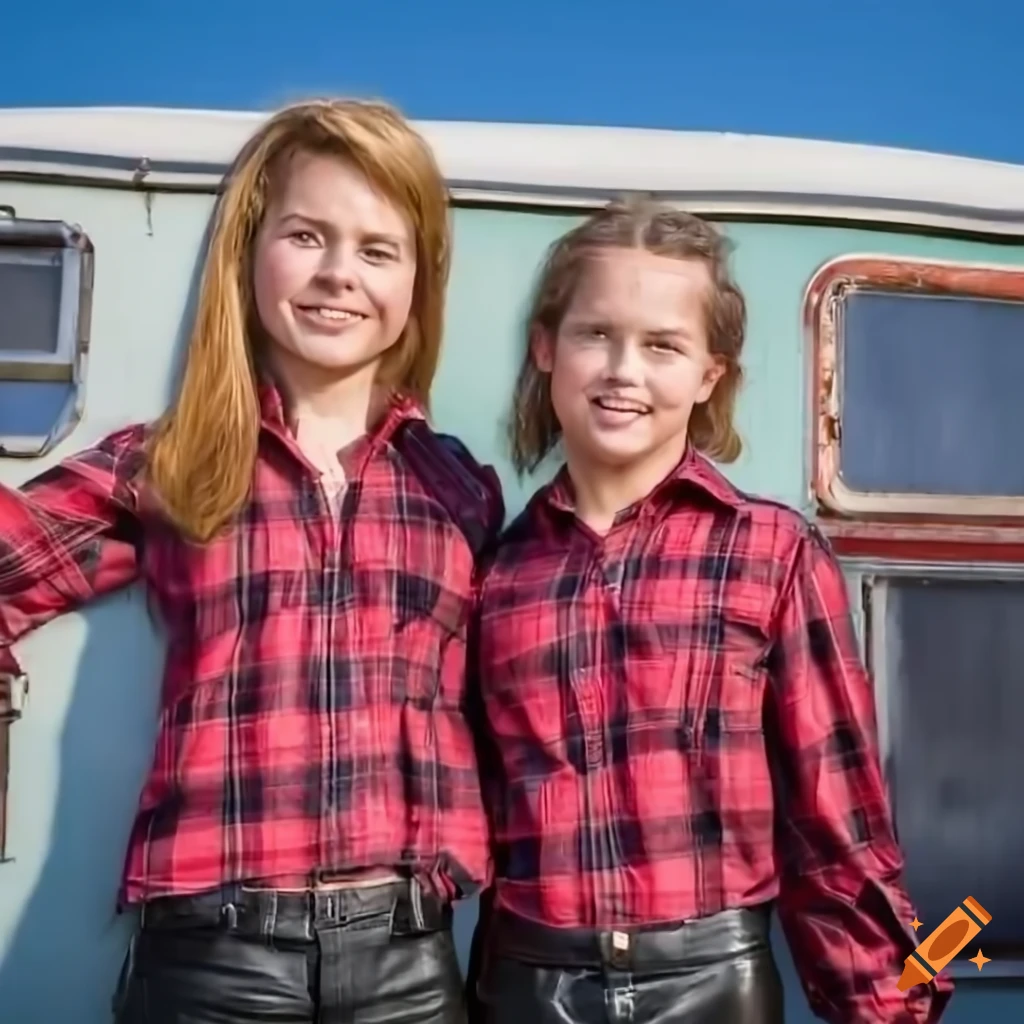 Irimia twins singers in red plaid shirt and black leather trousers ...