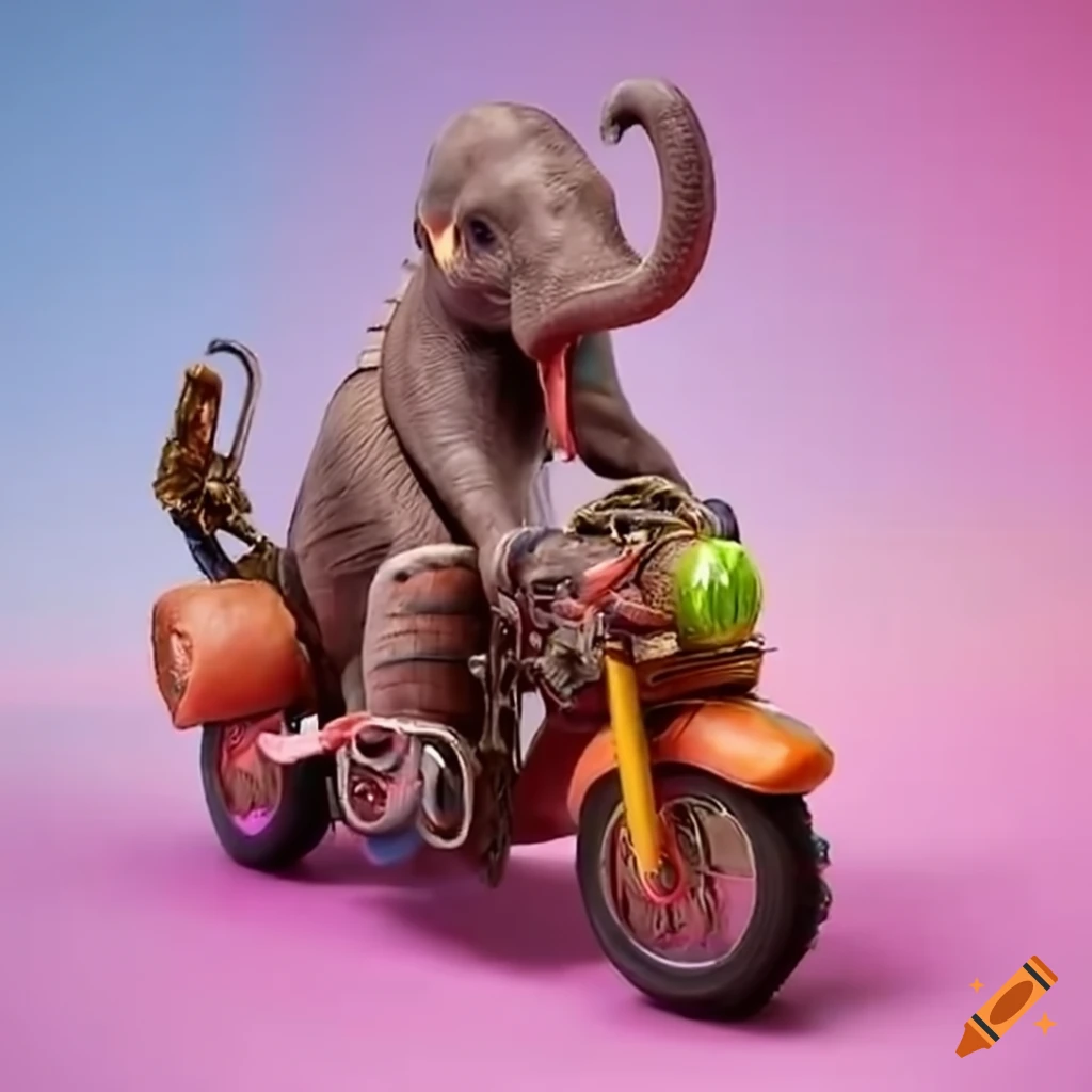 Elephant riding a hotdog motorcycle on Craiyon