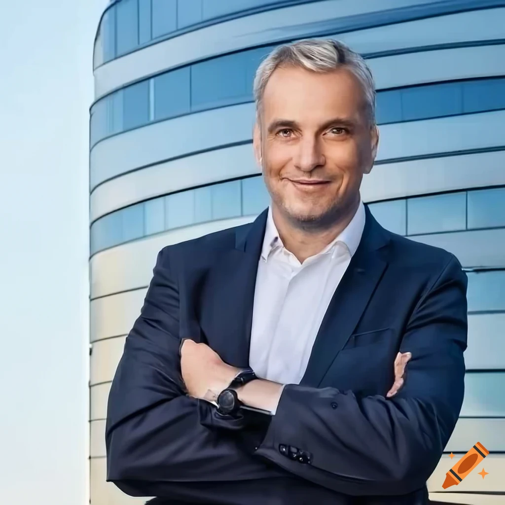 Confident CEO in front of a modern glass building on Craiyon