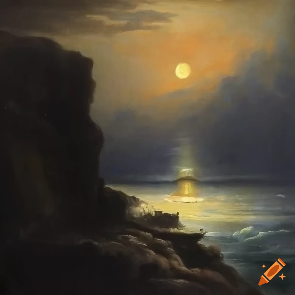 1800s oil painting of a gloomy night with a cliff meeting the ocean on ...