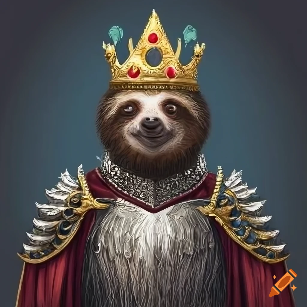 Regal sloth in armor and crown sitting on a throne on Craiyon