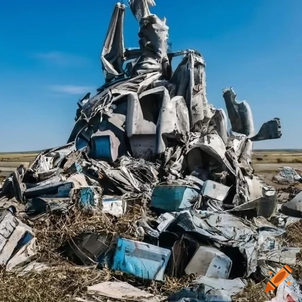 Destroyed statues in a post-apocalyptic landscape under blue sky on Craiyon