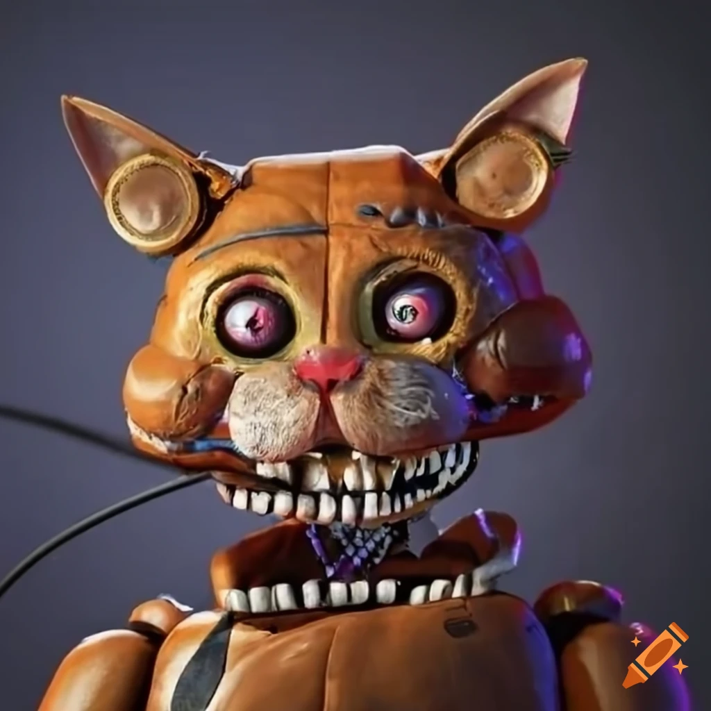 Unfinished red cat animatronic with exposed cables on Craiyon