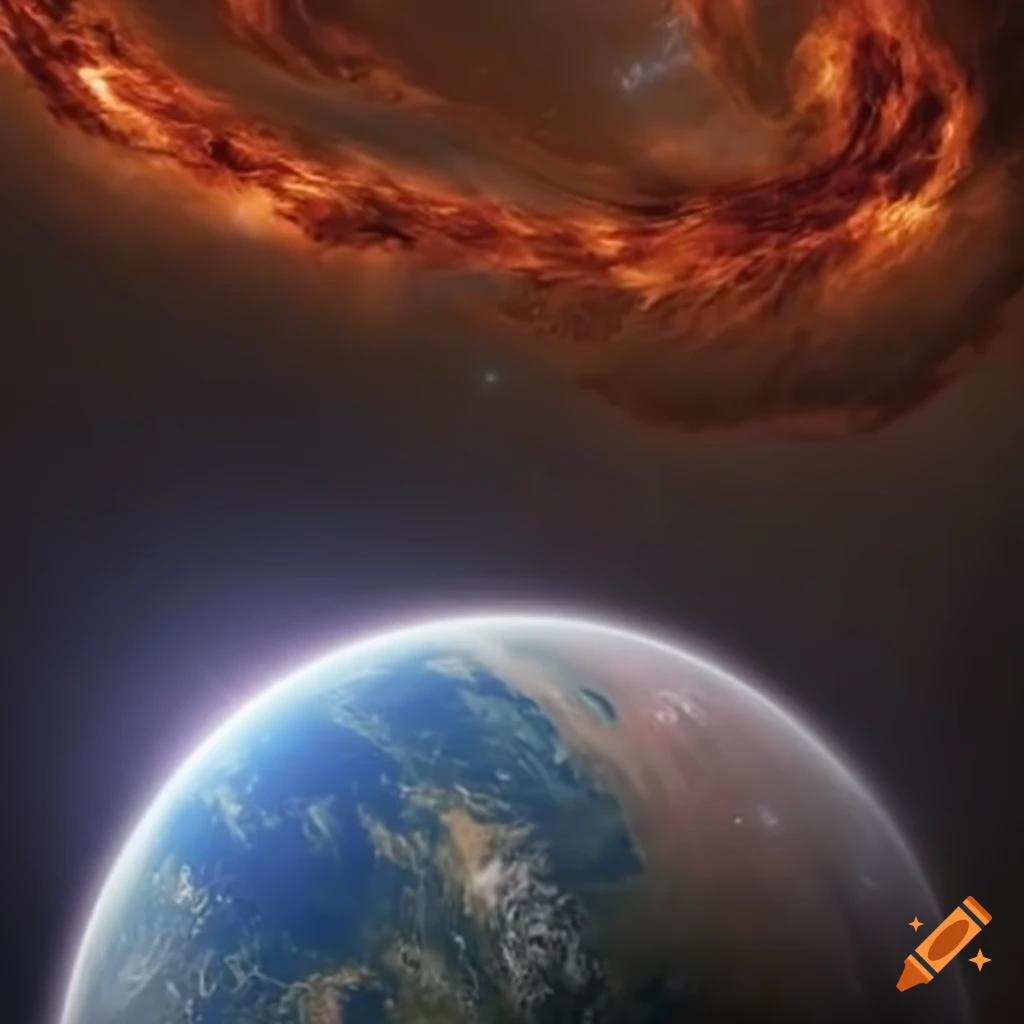 Distant future with earth facing a massive solar storm on Craiyon