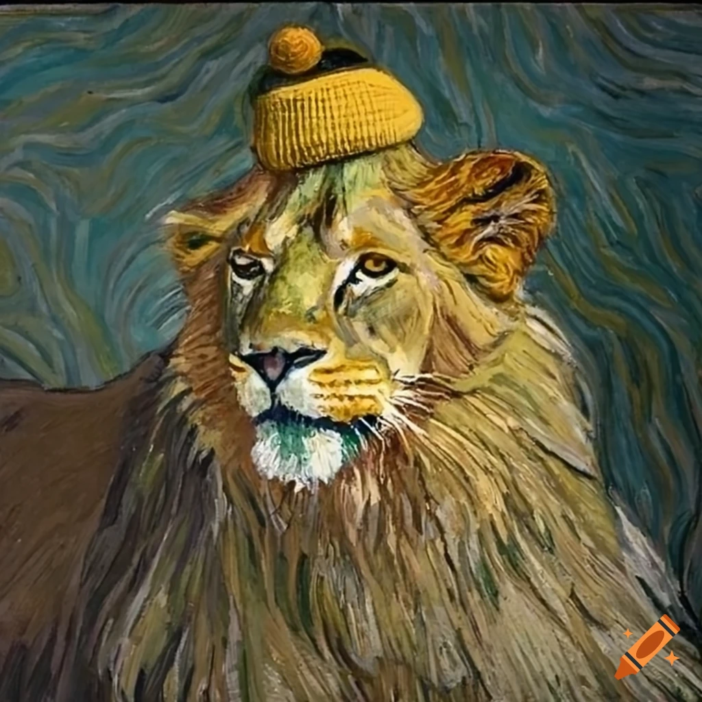 Lion wearing a mustard beanie inspired by Vincent Van Gogh on Craiyon