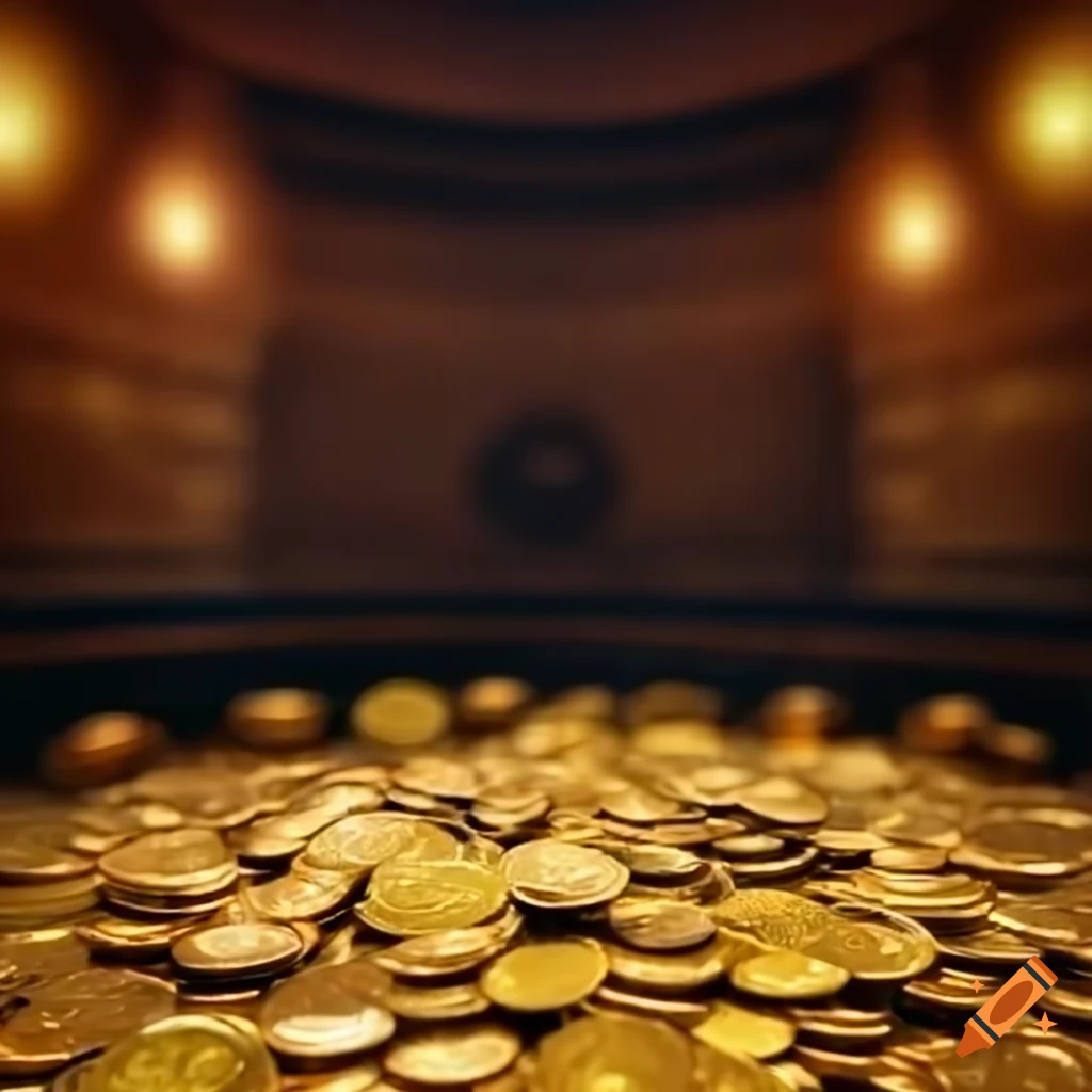 Shining pool of golden coins with a pile nearby on Craiyon