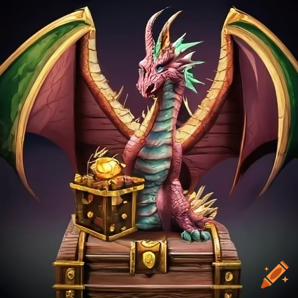 Dragon wrapped around a treasure chest on Craiyon
