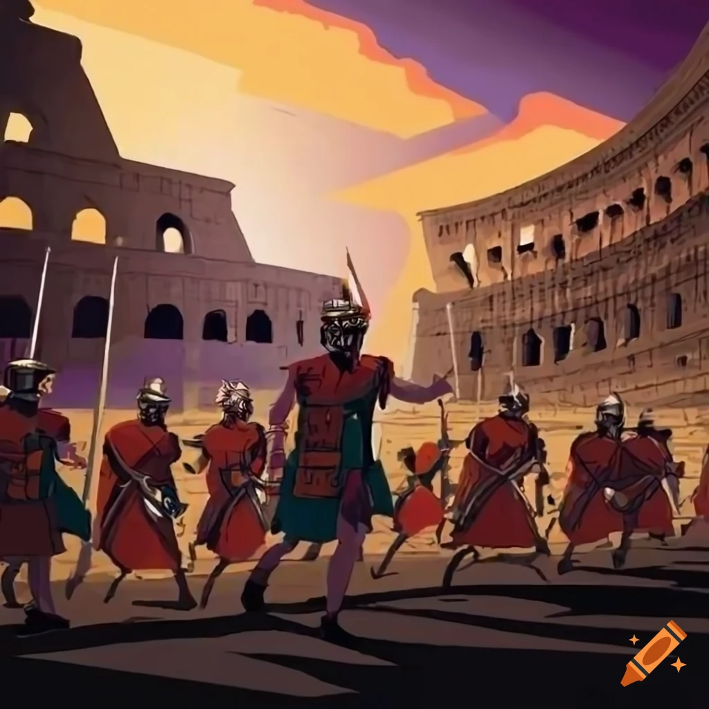 Roman soldiers marching with Colosseum in the background in 2D art on ...