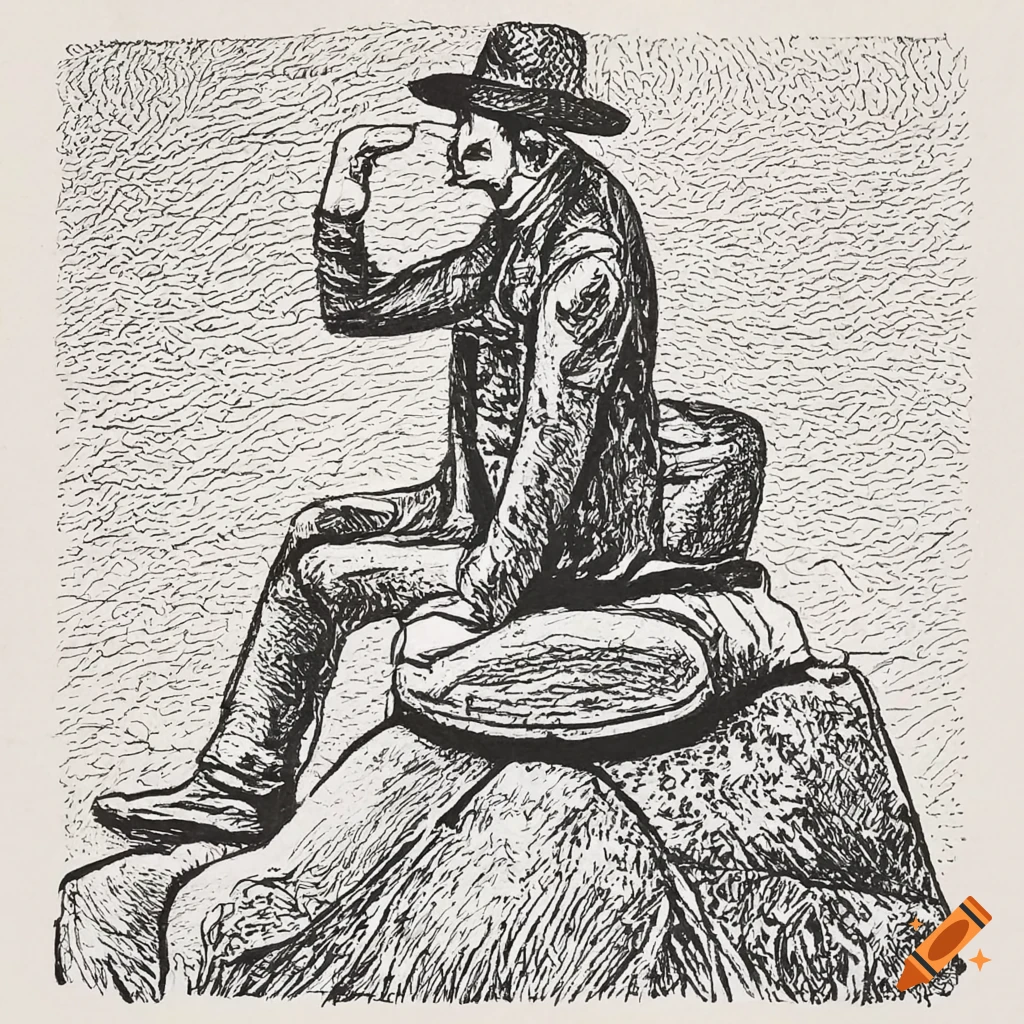 Man with a hat sitting on a rock in a crosshatch pen drawing on Craiyon