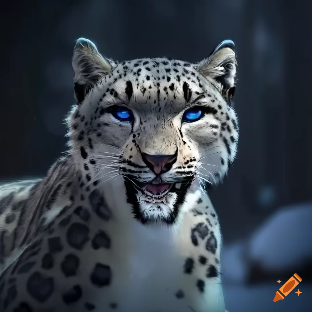 Anthropomorphic snow leopard with blue eyes in a snowy forest in ...