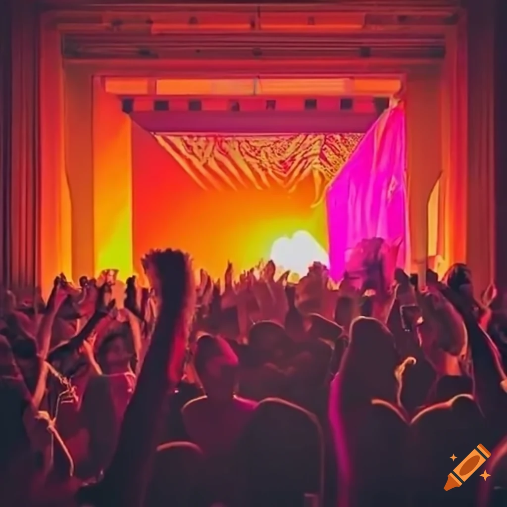 Vibrant concert scene with warm hues of orange, red, and fuchsia on Craiyon