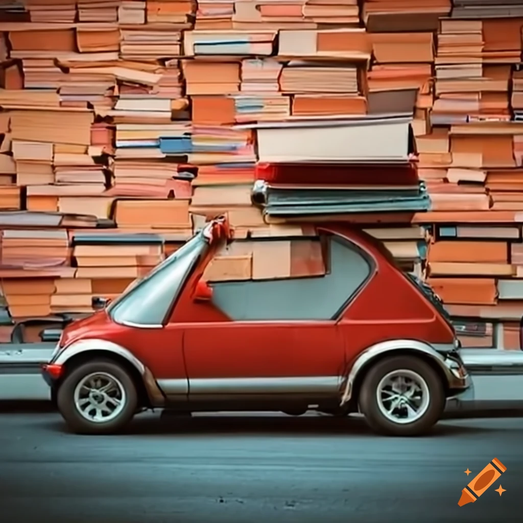 Cool car parked in front of a wall with books on Craiyon