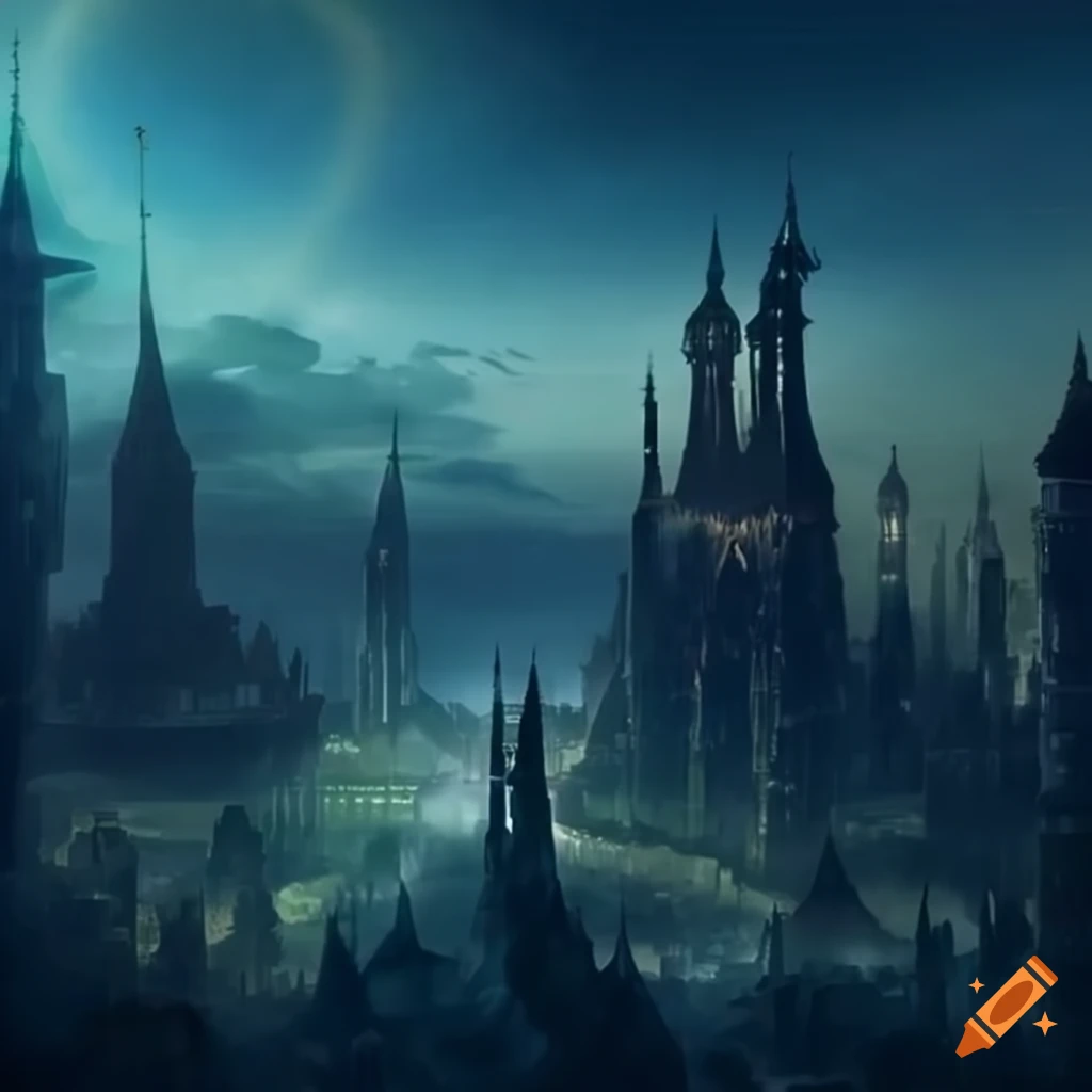 Elven city with tall spires in twilight on Craiyon