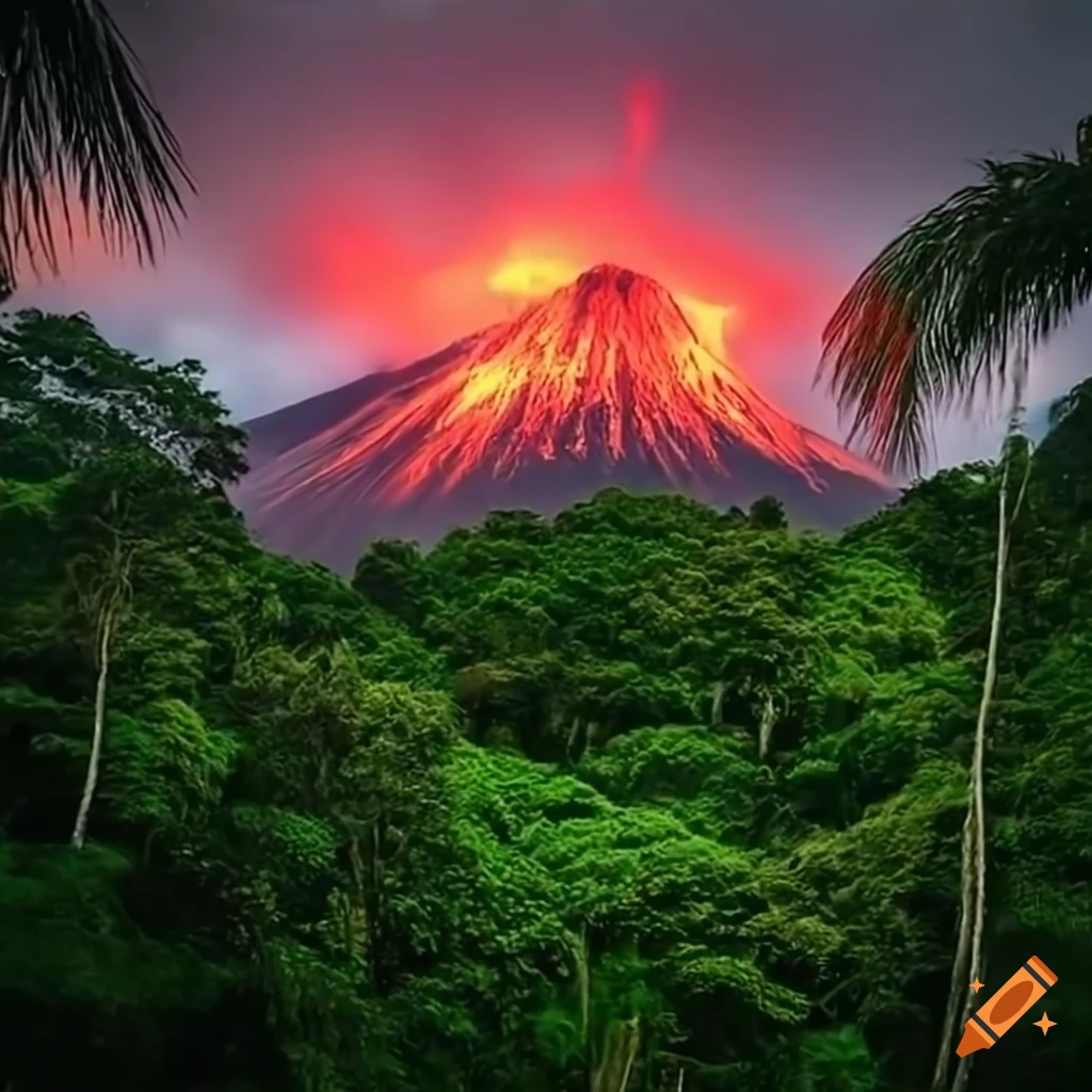 Stunning view of el yunque rainforest with erupting volcano on Craiyon