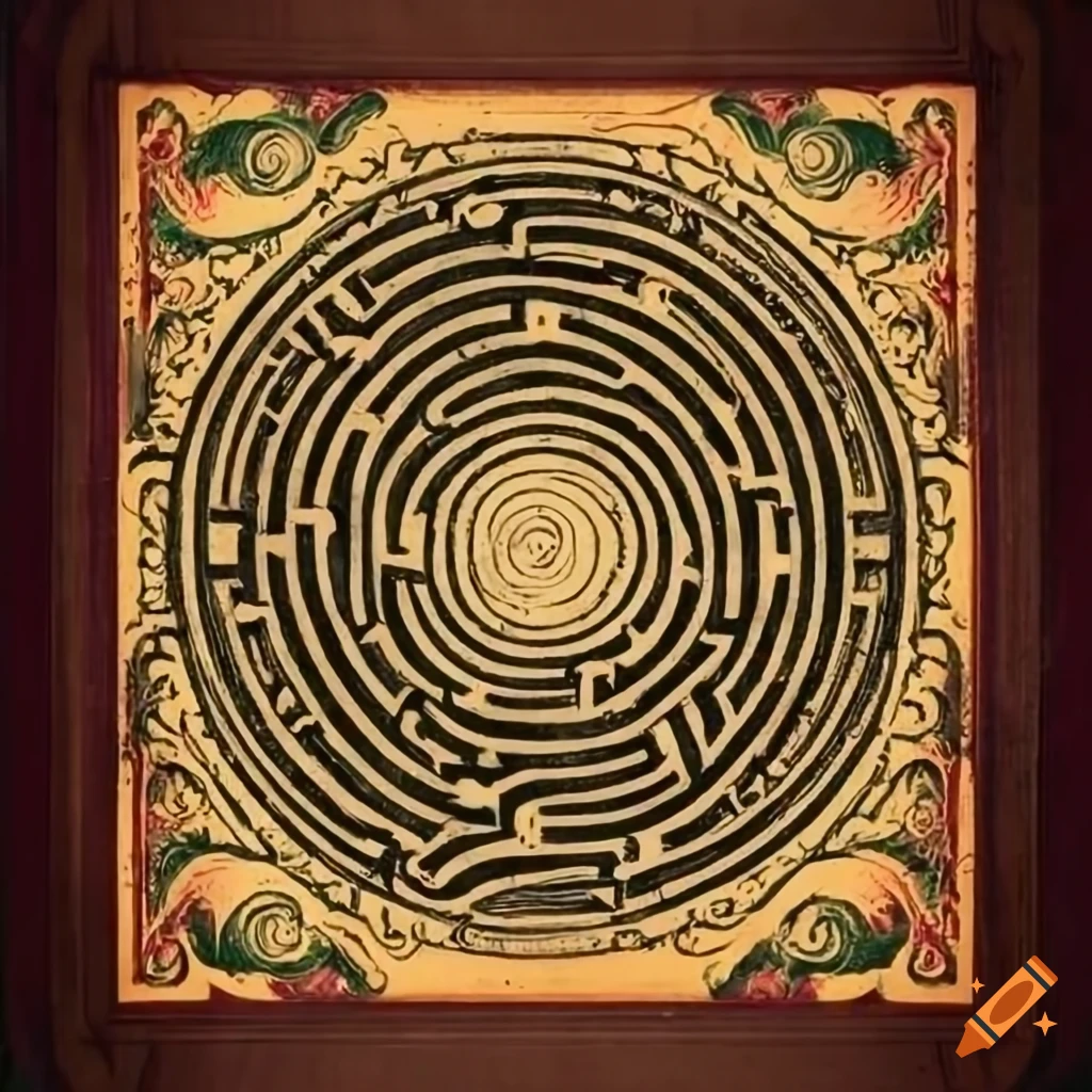 Illustrated decorative maze on vintage book cover on Craiyon