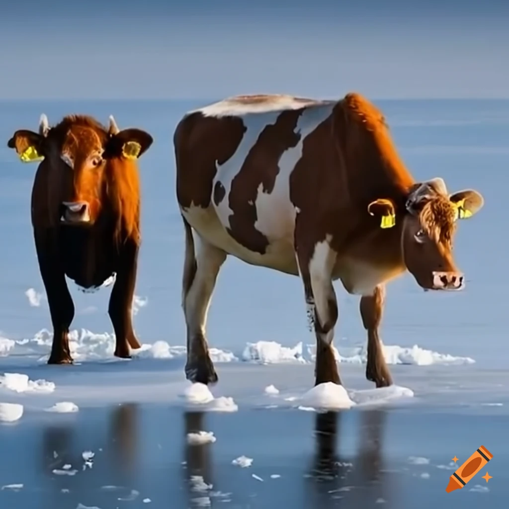 Three cows standing on ice in a lake on Craiyon