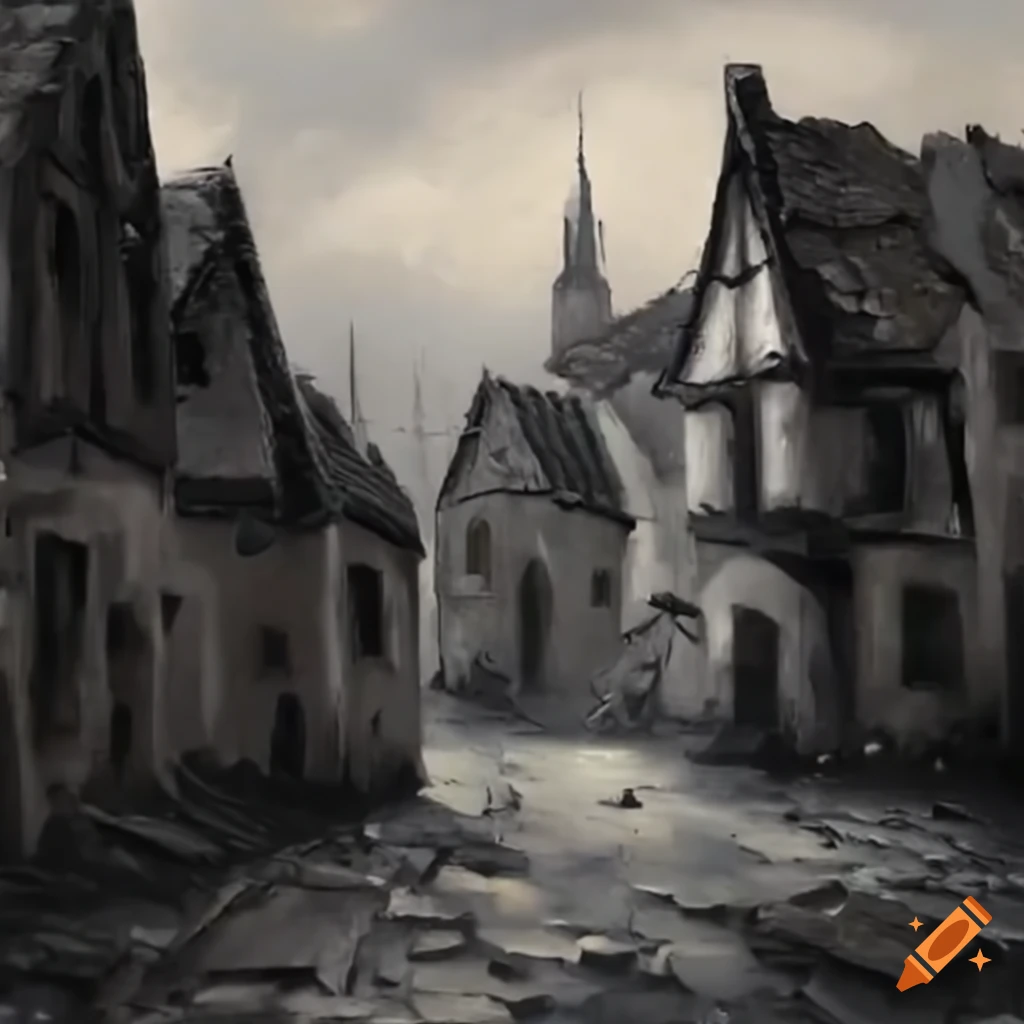 Destroyed small medieval village with two houses on Craiyon