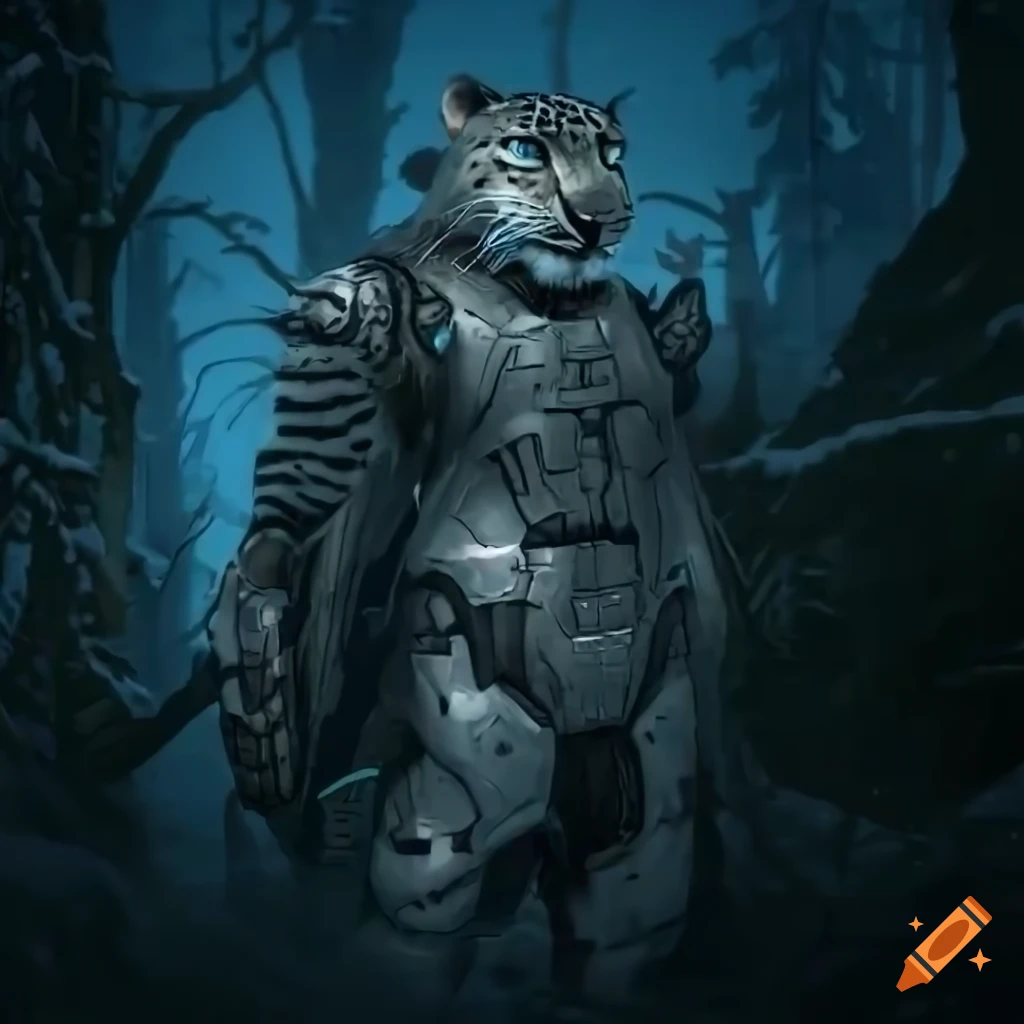 Anthropomorphic snow leopard in futuristic armor in a snowy forest on ...