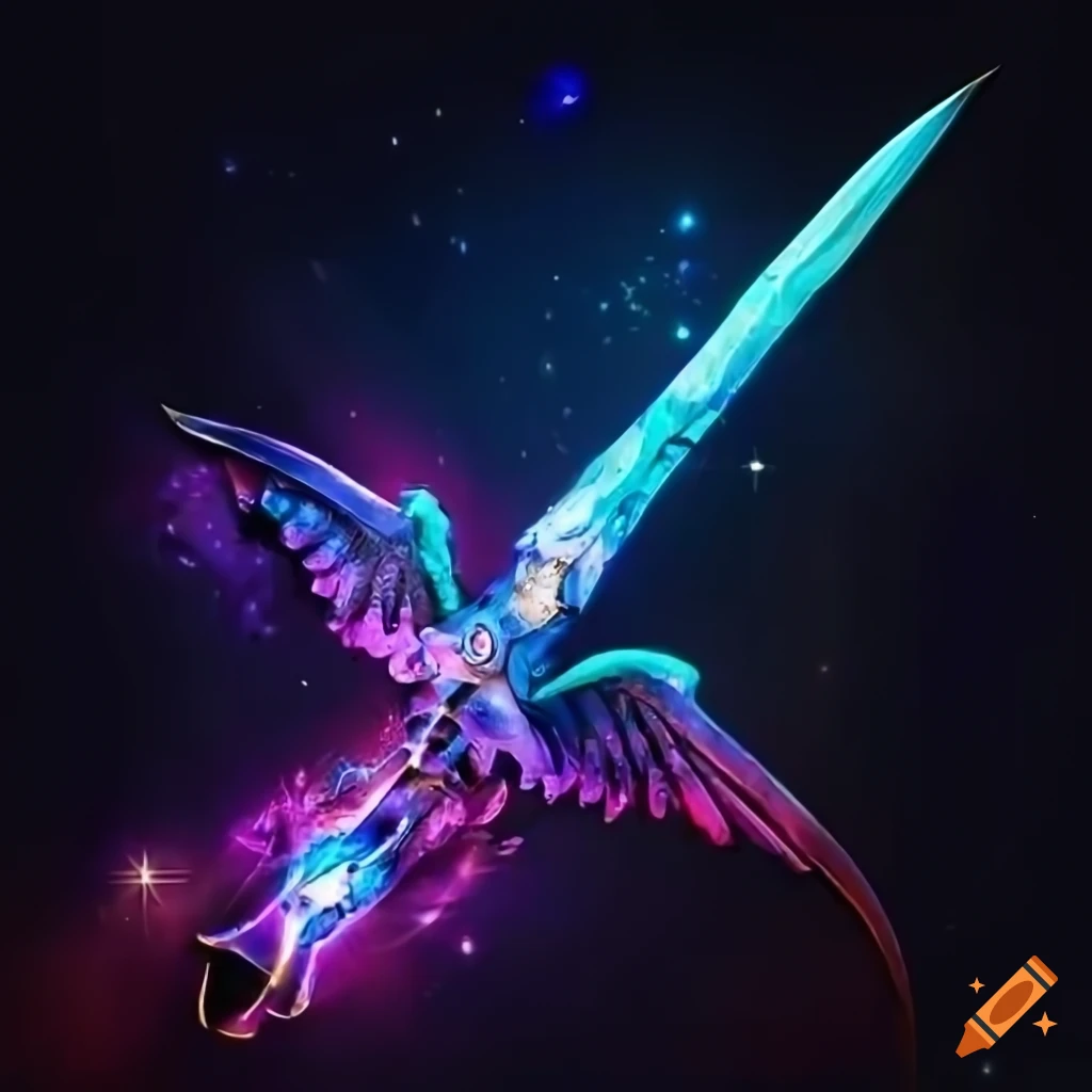 Galaxy sword with angel wings in vibrant colors on Craiyon